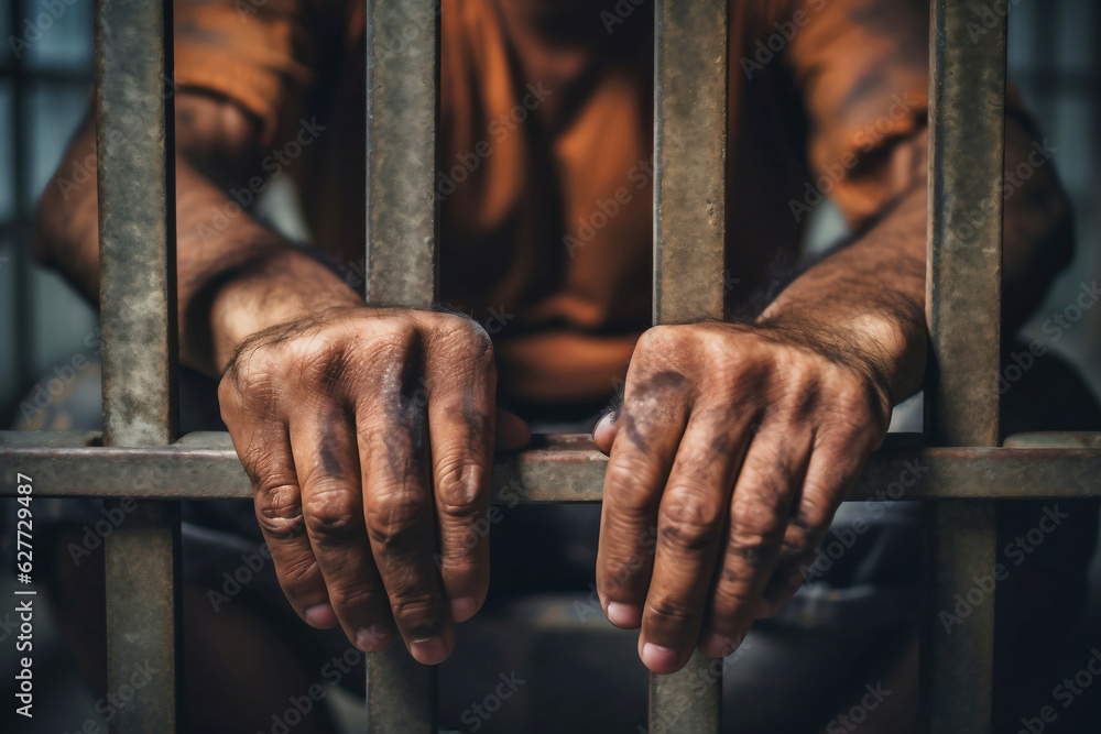 Man behind prison bars. Men's hands rest on the bars of a prison or ...