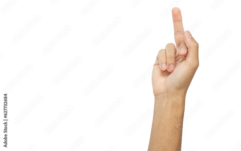 Cropped shot of men's hand showing middle finger isolated with white ...