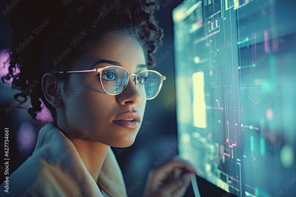 Black woman coding at night in office, inspired and busy with online ...