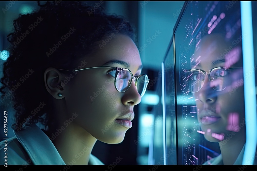 Black woman coding at night in office, inspired and busy with online ...