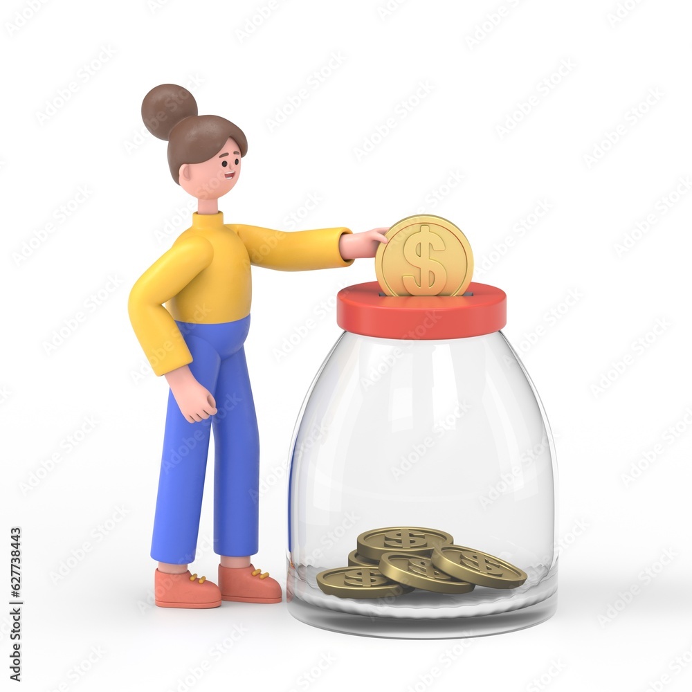 3D illustration of Asian woman Angela throws gold coin in a box for ...
