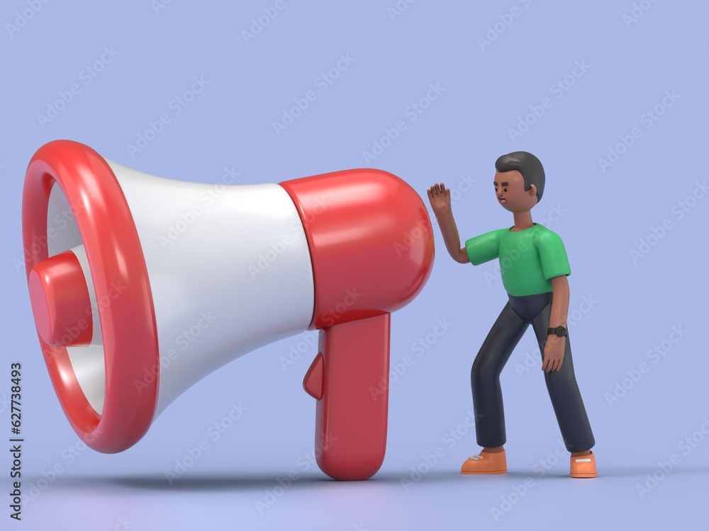 3D illustration of afro man David announcing using a megaphone, cartoon ...