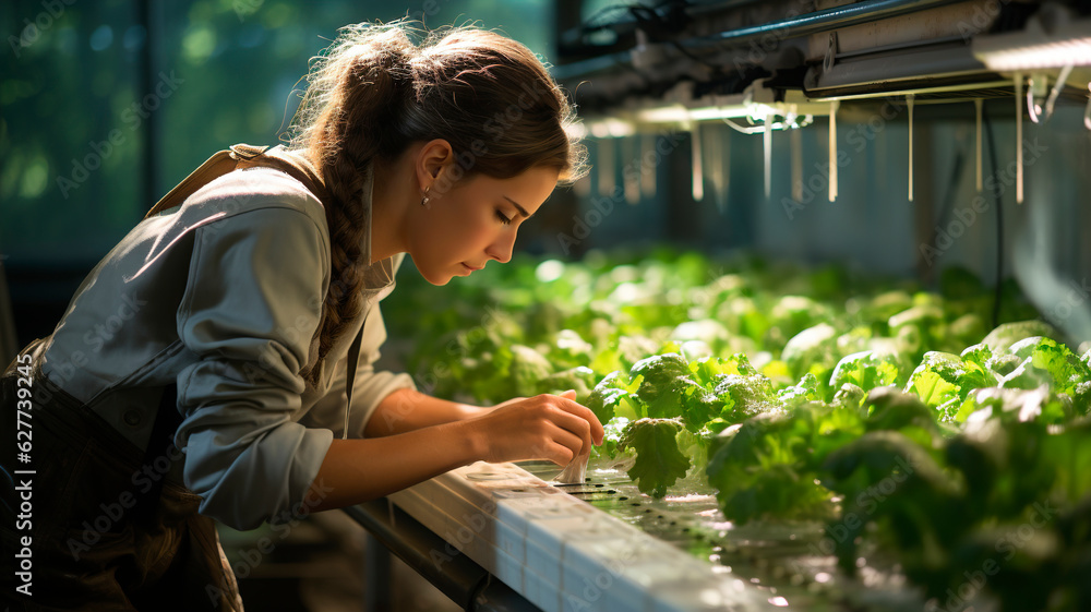 Female Biologist Farmer Cultivating Healthy Green Plants in High-Tech Greenhouse. Modern ...