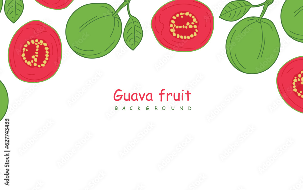 Guava tropical fruit vector frame on white background. Whole fresh ripe ...