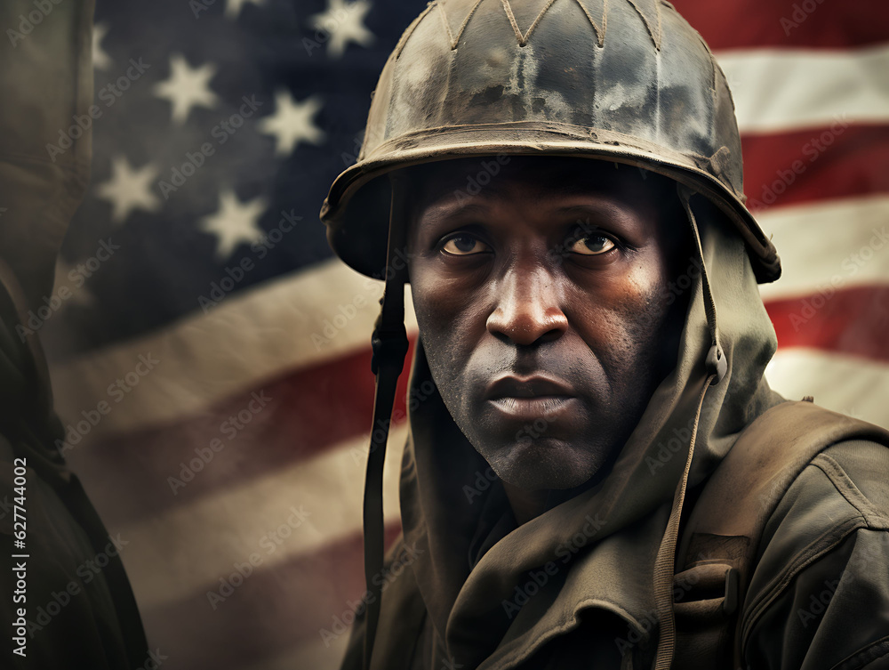 young black american soldier in front of the flag, USA flag, union flag ...