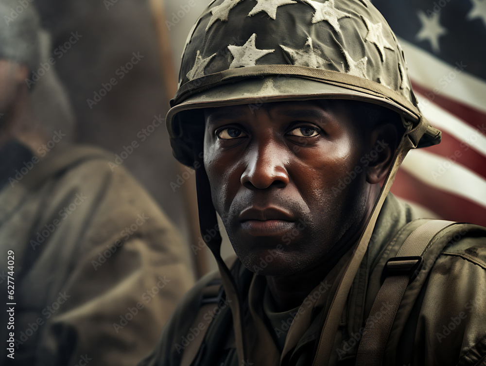 young black american soldier in front of the flag, USA flag, union flag ...