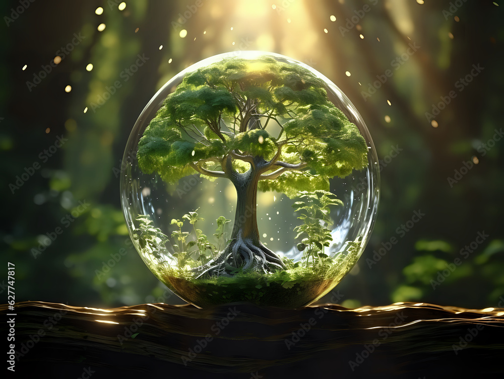 Peepal tree growing in a glass orb, forest background, dynamic lights ...