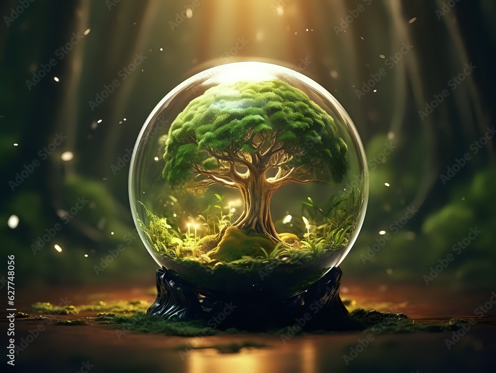 Sandalwood tree growing in a glass orb, forest background, dynamic ...