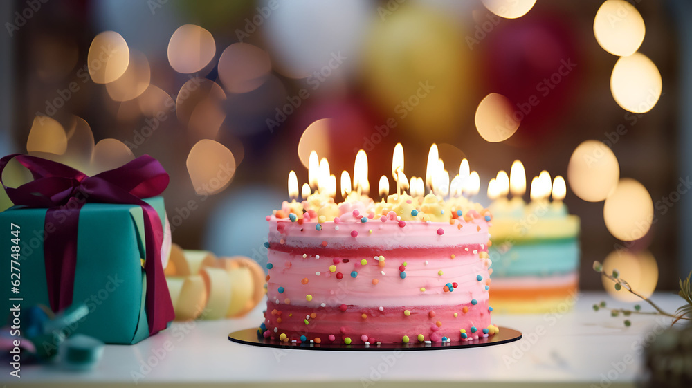 pink birthday cake with candles, birthday party for children, children ...