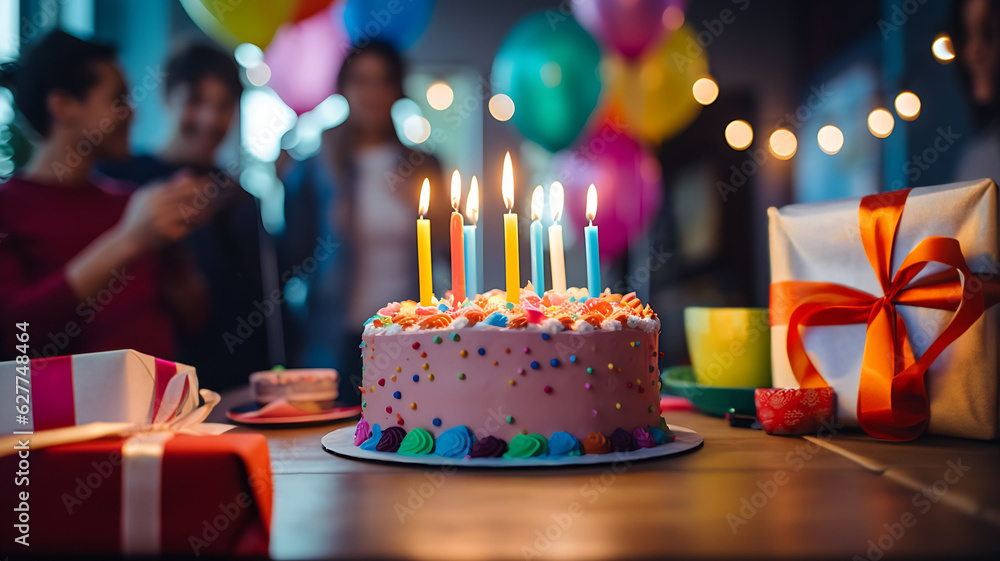 pink birthday cake with candles, birthday party for children, children ...