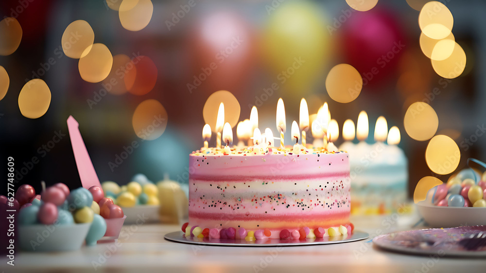 pink birthday cake with candles, birthday party for children, children ...