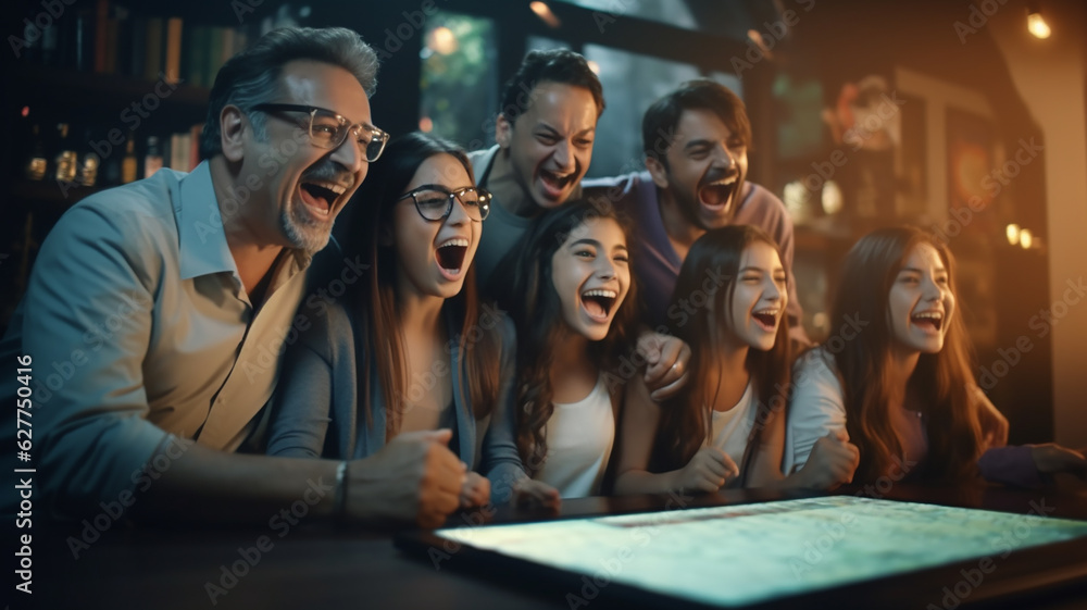 Parents cheering for exam results with their daughters at the computer ...