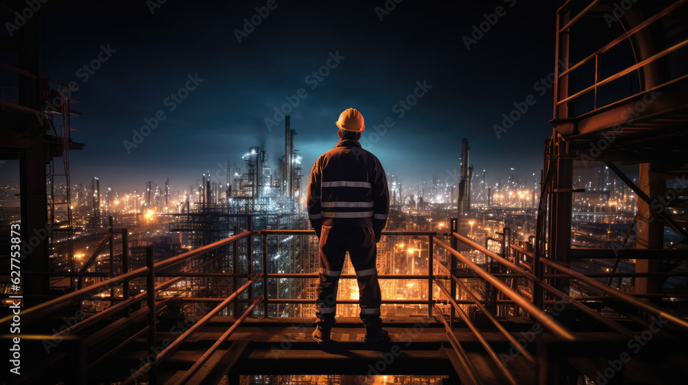 Factory worker wearing a safety helmet in the background of a factory ...
