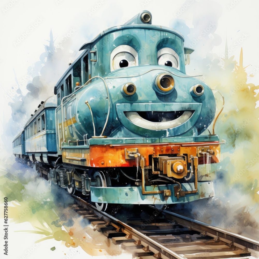 Watercolor Clipart Toy Train Chugging along a Curved Track, on white ...