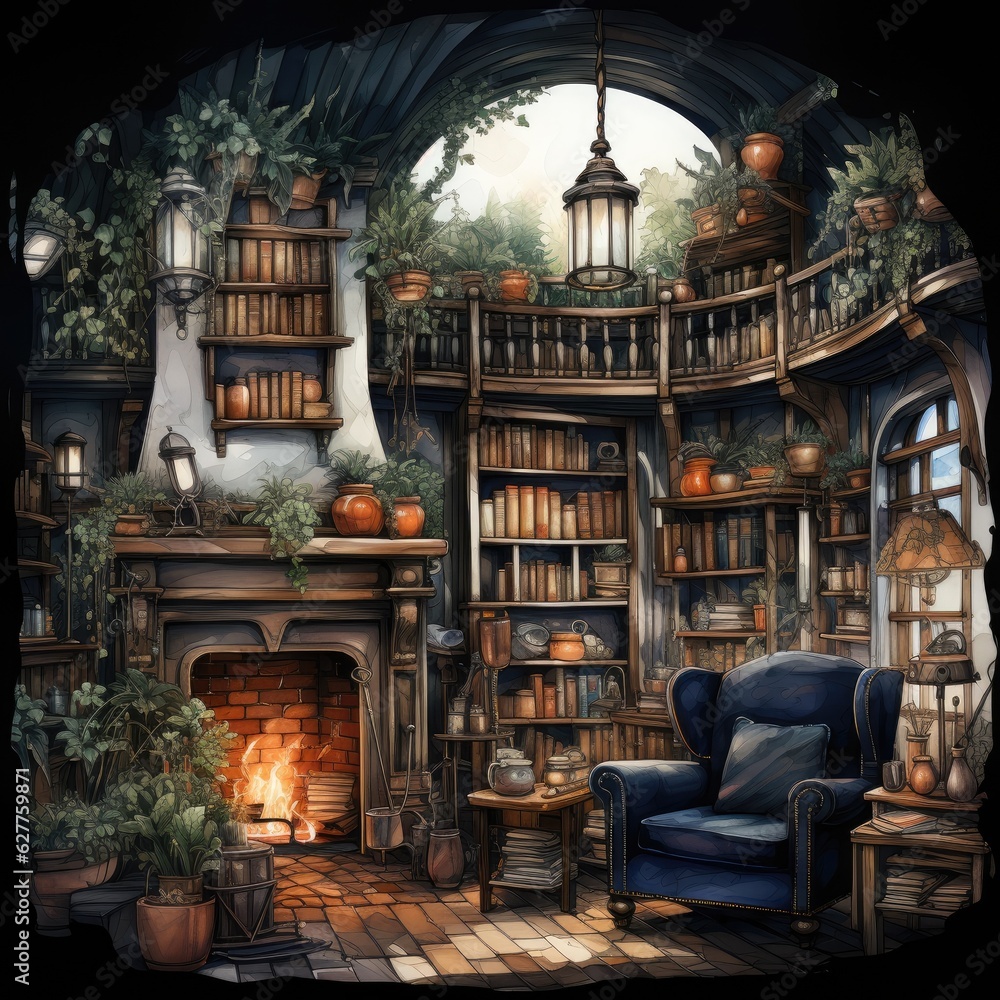 Hand Painted Watercolor Clipart Cozy Library Night Scene Stock ...