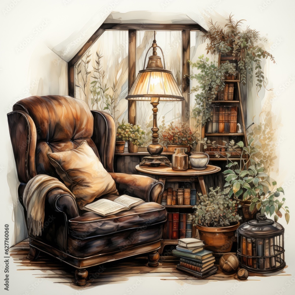 Hand Painted Watercolor Clipart Quiet Reading Corner Stock Illustration ...
