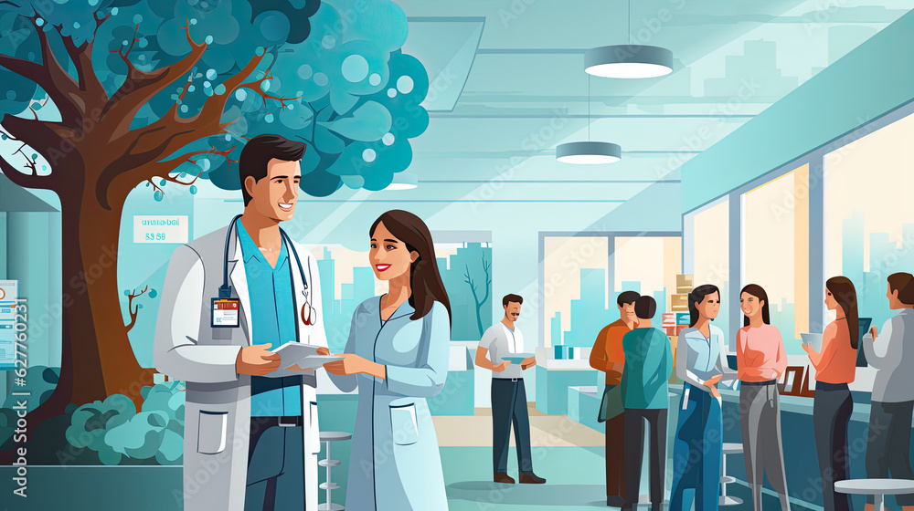 Medical concept with doctor and patients in flat cartoon at hospital ...