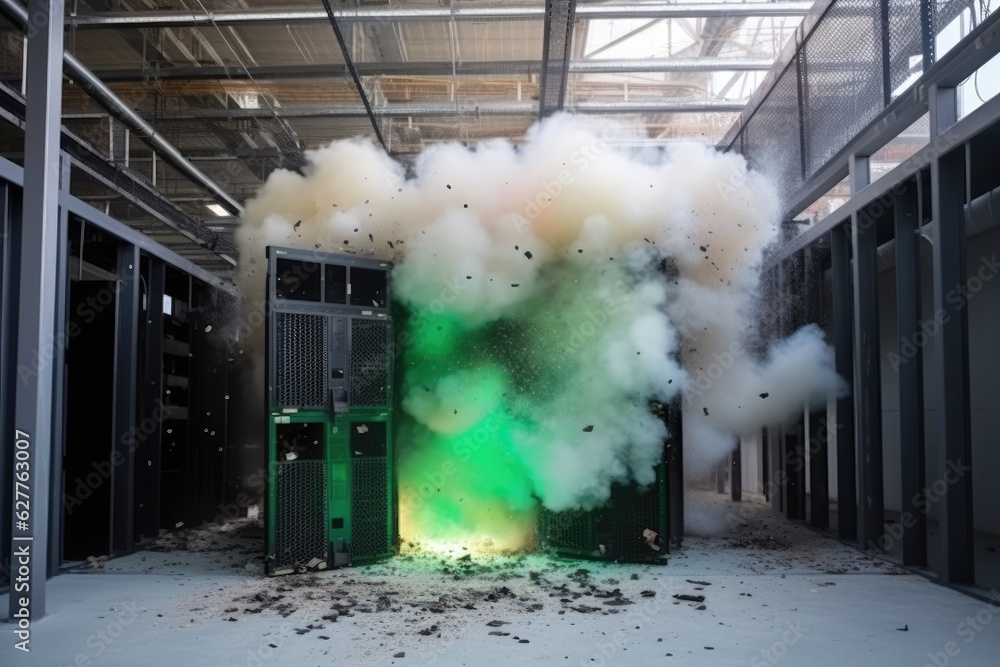 Flames and smoke billowing from burning server racks Stock Illustration ...