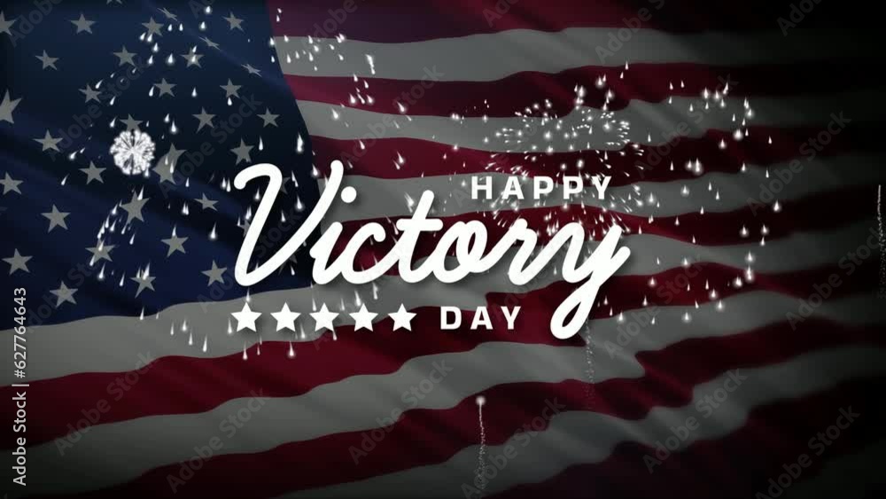 Happy Victory Day Lettering Text Animation on usa waving flag ...