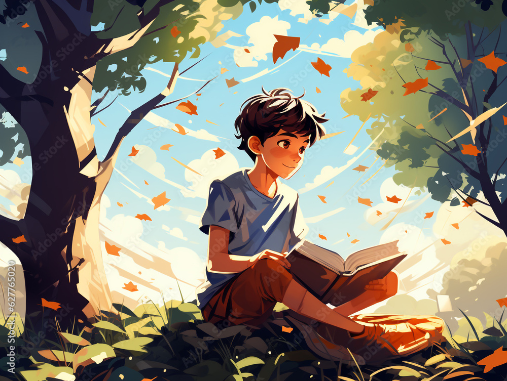 An illustration of a boy reading a book under the shade of a shady tree ...