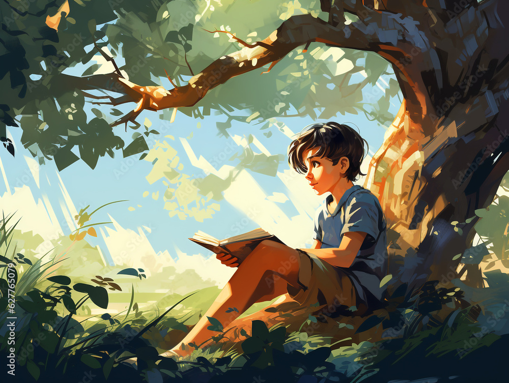 An illustration of a boy reading a book under the shade of a shady tree ...