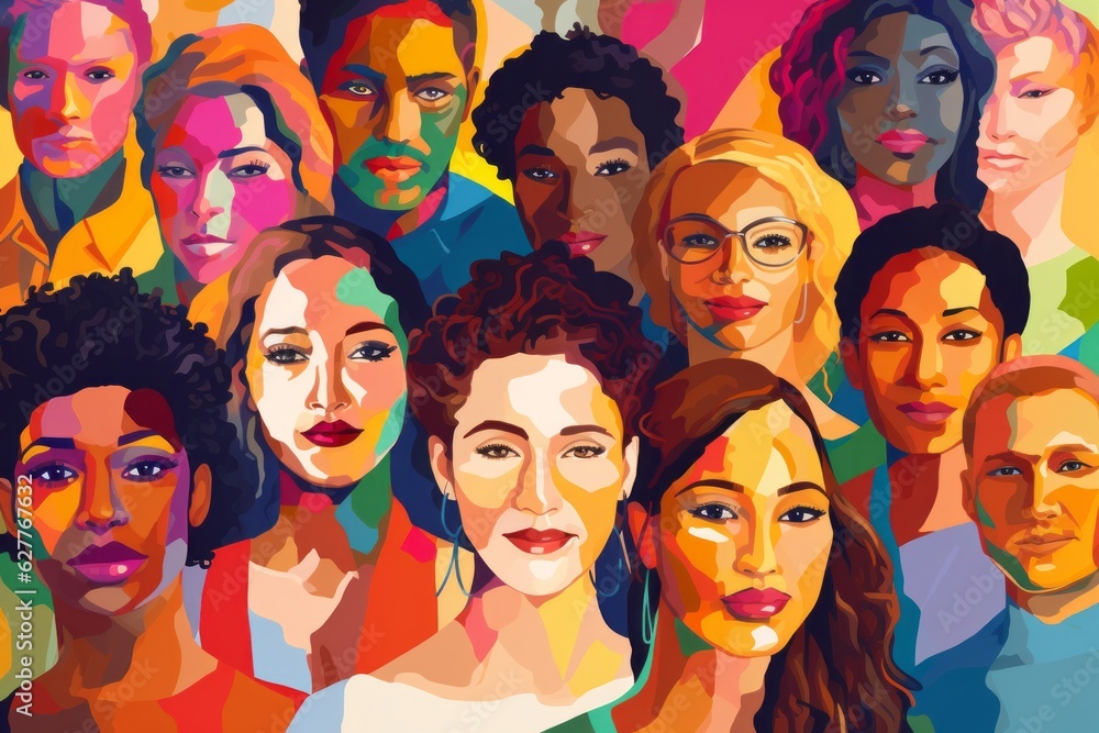 Pop art collage portrait of multiracial diverse crowd people on bright ...