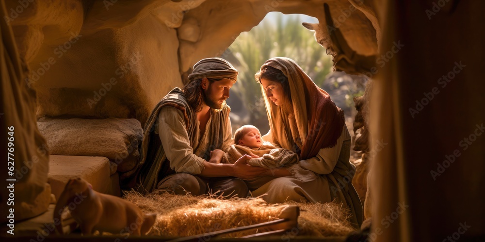 Cinematic birth of Jesus Christ. The Holy Family, Jesus, Mary and ...