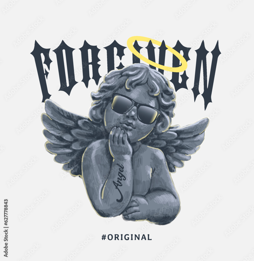 forgiven slogan with antique baby angel in sunglasses,vector ...