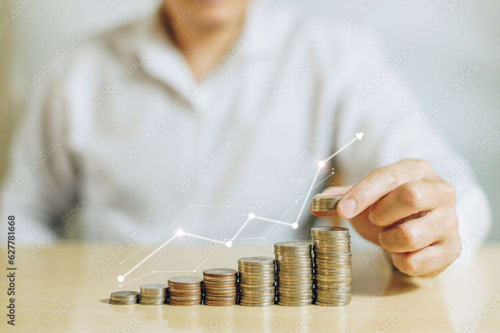 Hand hold coin and coins stack with white up arrow. Concept for invest ...