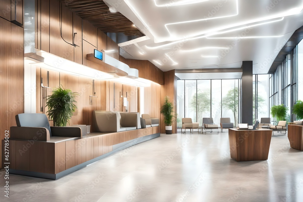Modern hospital or clinic lobby interior design with registration ...
