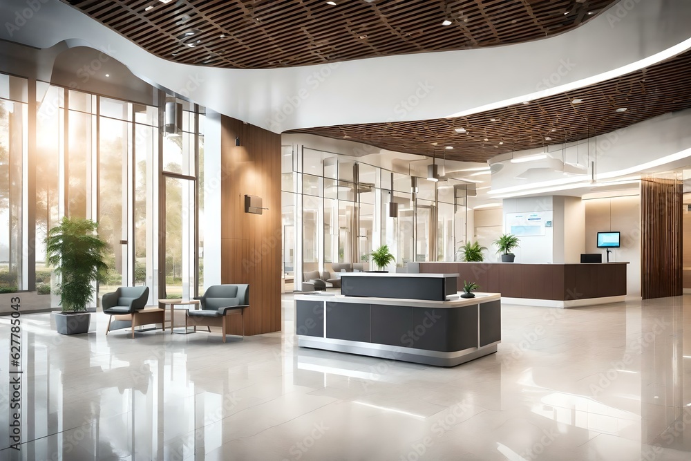 Modern hospital or clinic lobby interior design with registration ...