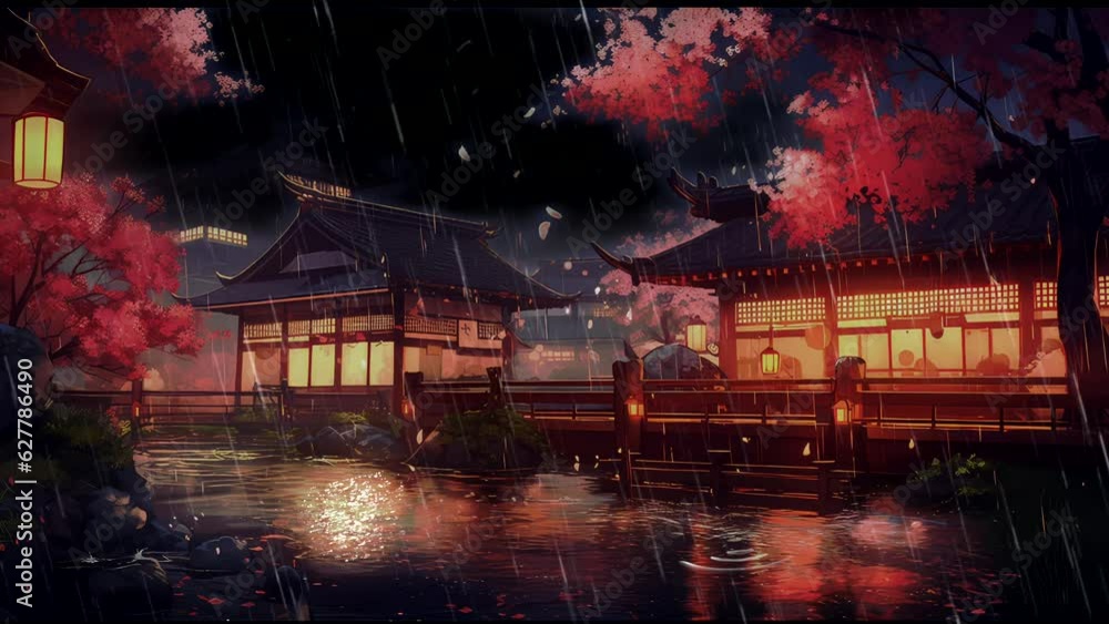 Anime Background video japanese house at night when rainy, sakura ...