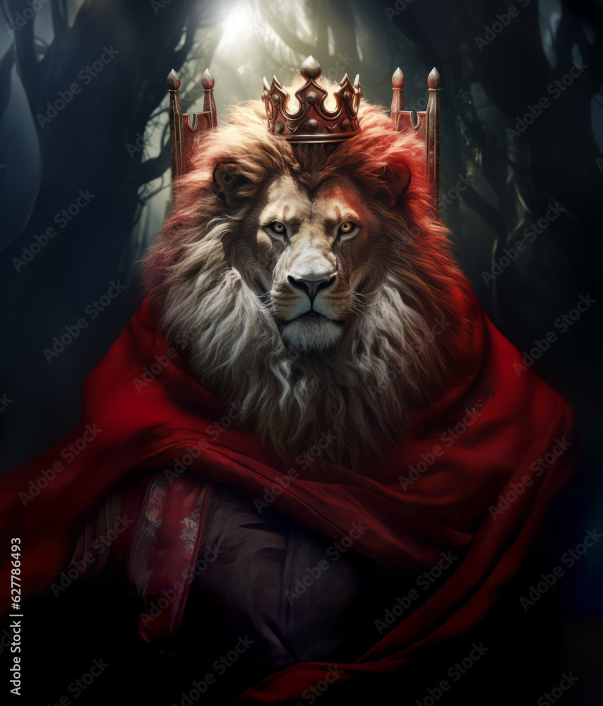 Lion king sitting on a throne, a golden crown on his head, with a ...