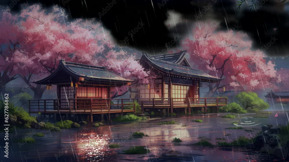 Anime Background video japanese house at night when rainy, sakura ...