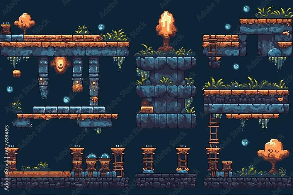 Pixel art tile set for 2d dungeon retro game. Set of ground tiles with ...