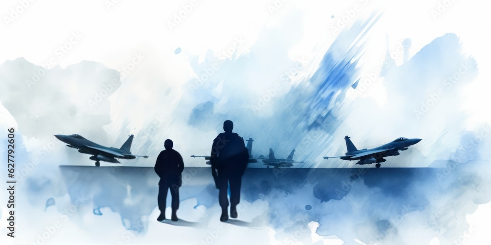 Blue aquarelle of Modern Airforce Soldiers and Jet Fighter, Showcased ...