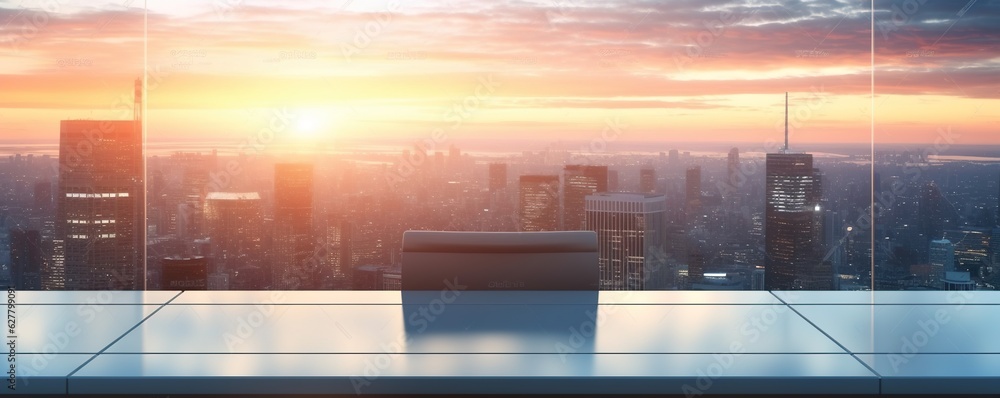 Long empty office desk with city skyscrapers background. Made with ...