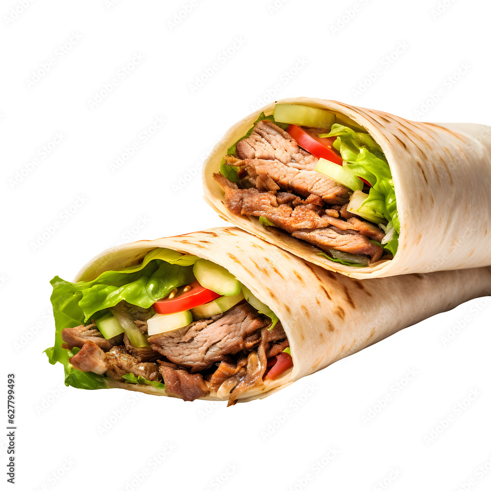 A tasty doner doner kebab wrap with spicy meat, lettuce, tomato ...