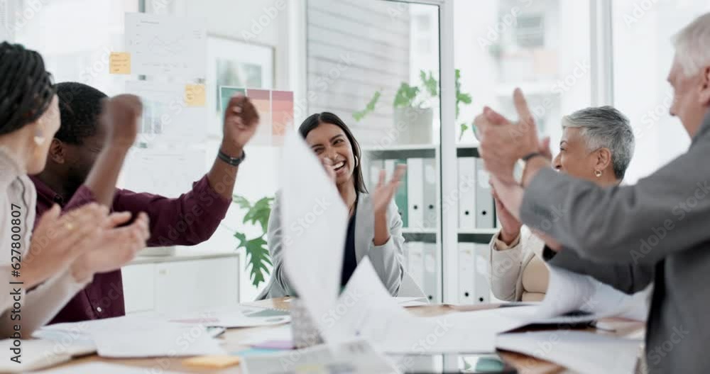 Happy business people, documents and applause for success, team ...