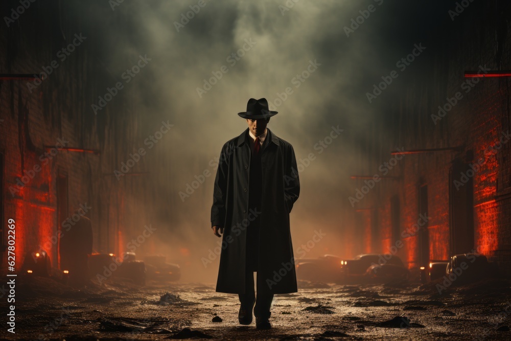 A silhouetted figure in a fedora and trench coat, standing in the ...