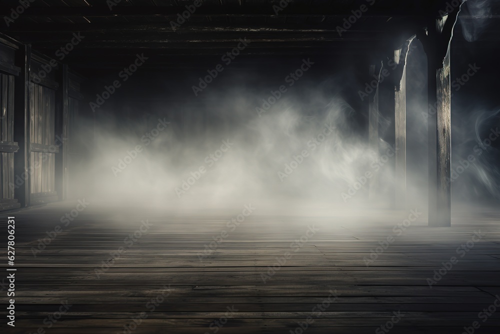 Defocused background of fog in darkness, smoke, and mist on a wooden ...