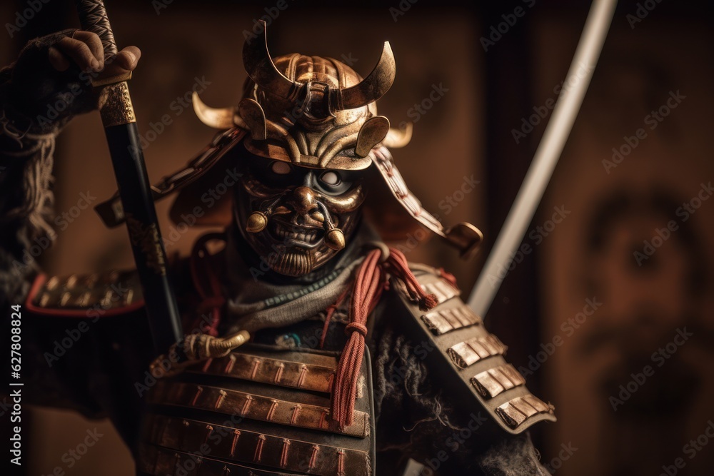 Warrior wearing japanese demon ori mask in a dramatic scene ...