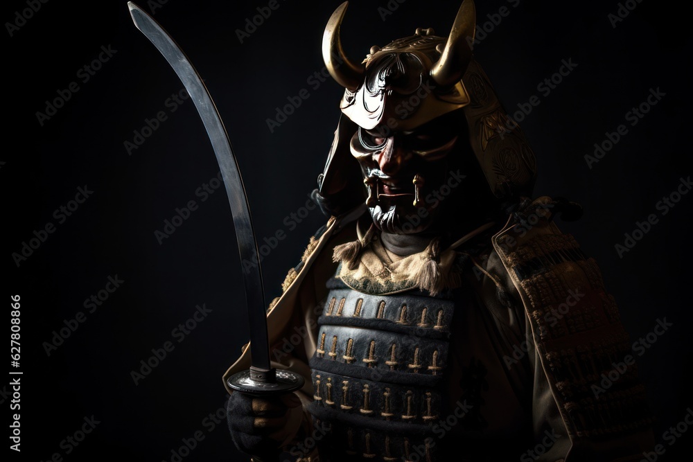 Warrior wearing japanese demon ori mask in a dramatic scene ...