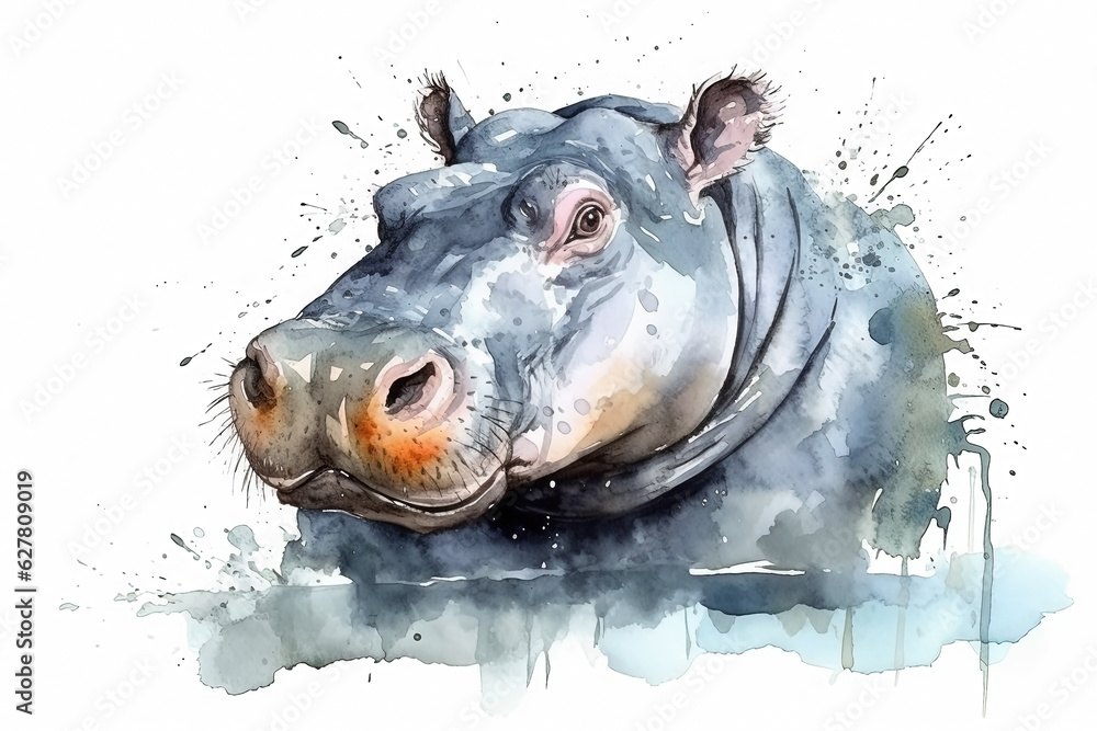Watercolor hippo portrait illustration on white background Stock ...