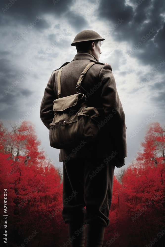 Remembrance Day bakground with World War One soldier and red poppy ...
