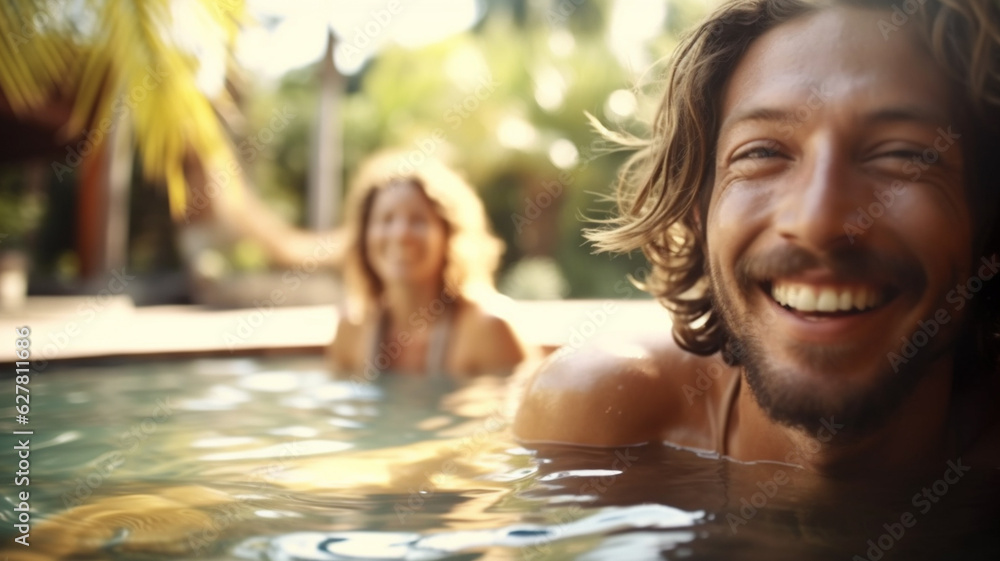 adult man, 30s, in water in swimming pool, acquaintance woman or ...