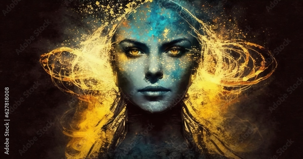 A beautiful face portrait of a powerful yogi woman with blue skin who ...