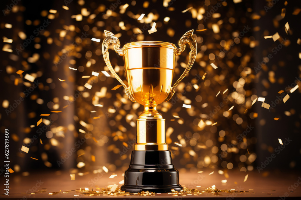 Gold first place winners trophy with falling confetti and streamers ...