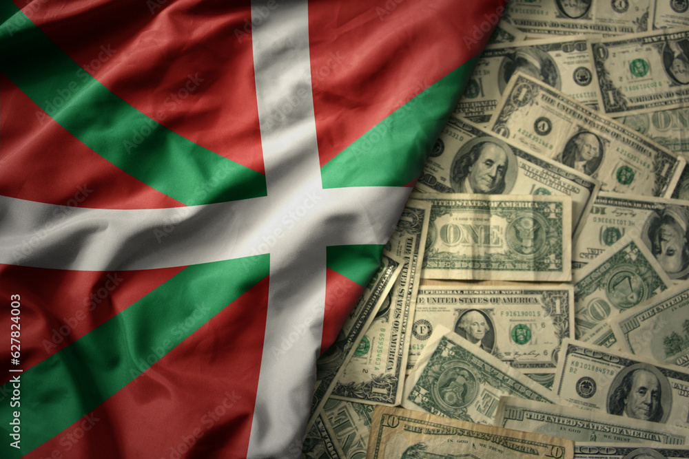 colorful waving national flag of basque country on a american dollar ...