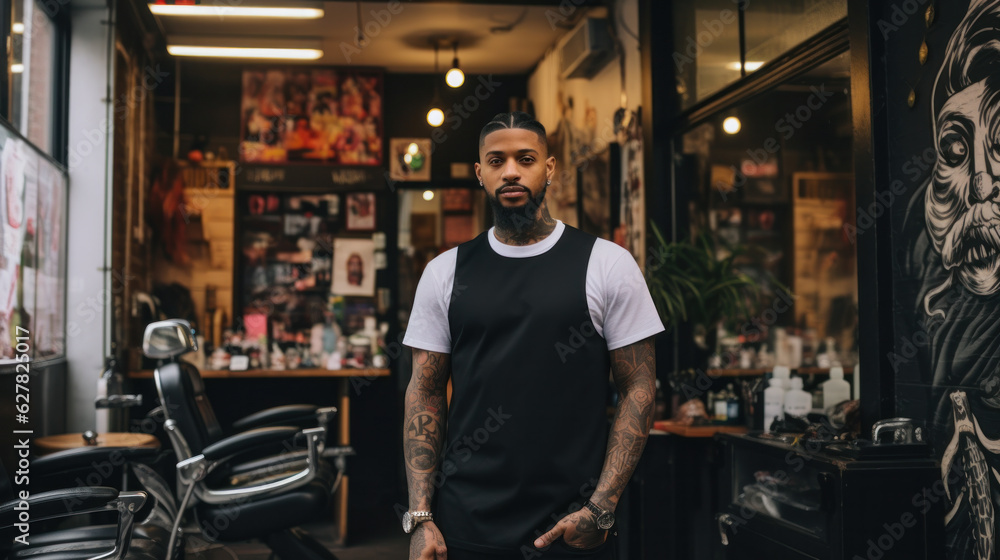 Barber shop owner in front of barbershop. happy and proud for his small ...